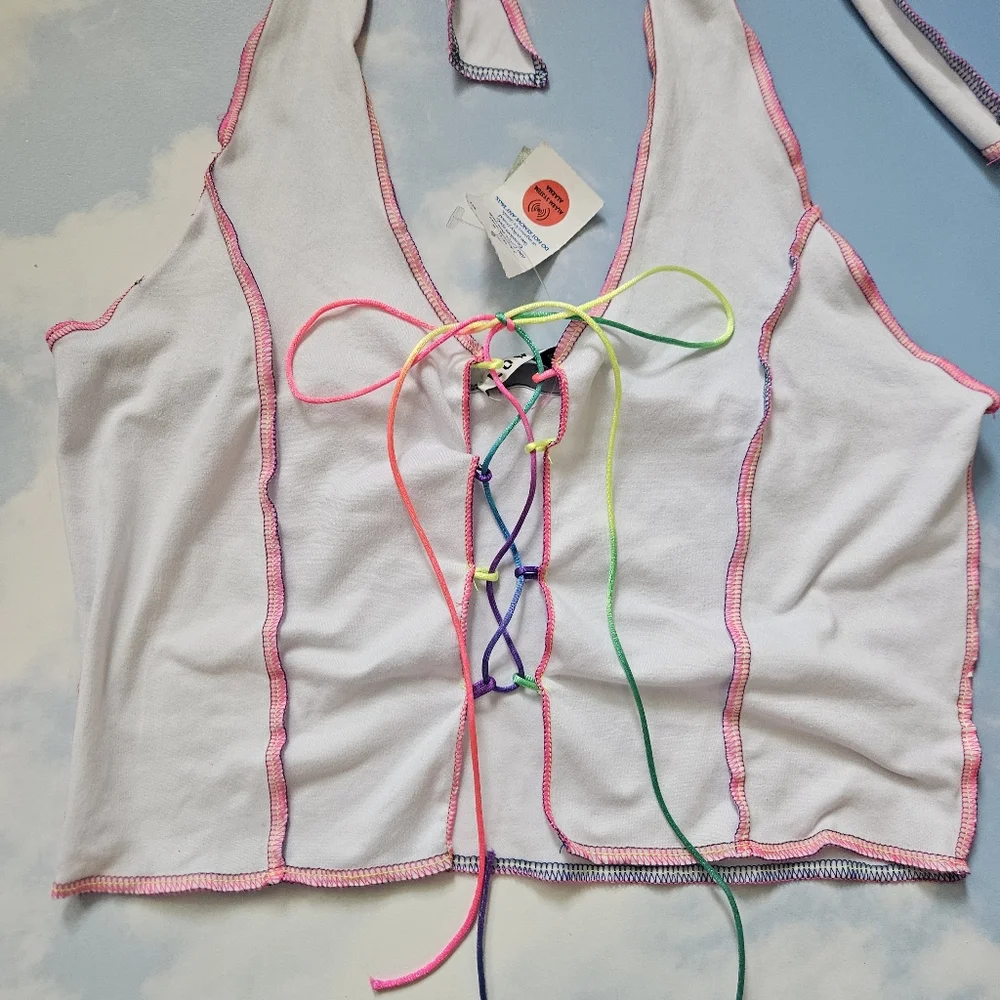 love J | Tops | White Rainbow Pink Stitch Halter Crop Top Club Top ...